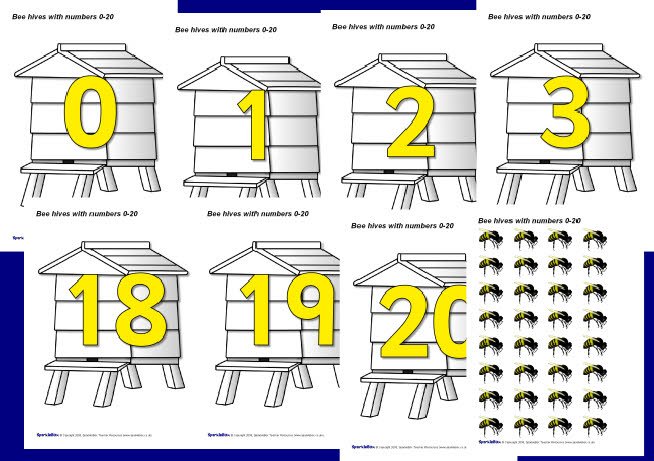 Numbers 0-20 on beehives with counting bees (SB1376) - SparkleBox