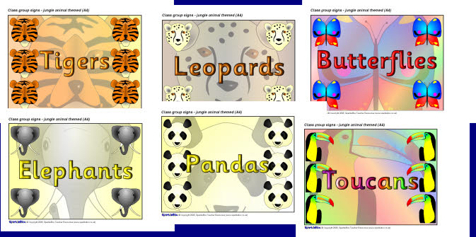 Jungle animal-themed class group signs - A4 (SB1476) - SparkleBox