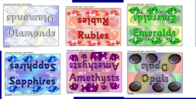 Jewel-themed group table signs (SB1676) - SparkleBox