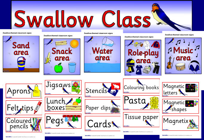 Swallow-themed classroom signs and labels pack (SB1843) - SparkleBox