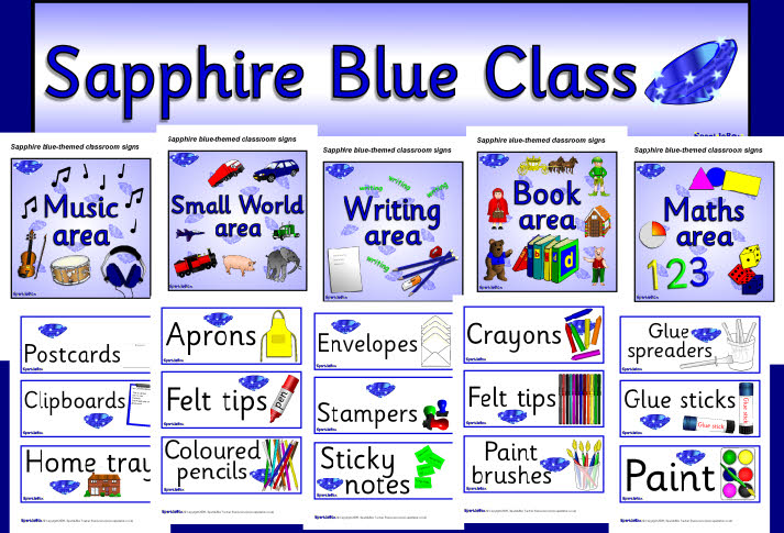 Sapphire Blue-themed classroom signs and labels pack (SB2333) - SparkleBox