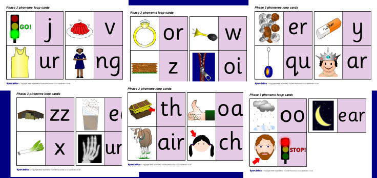 Phase 3 phoneme mnemonic loop cards (SB2343) - SparkleBox