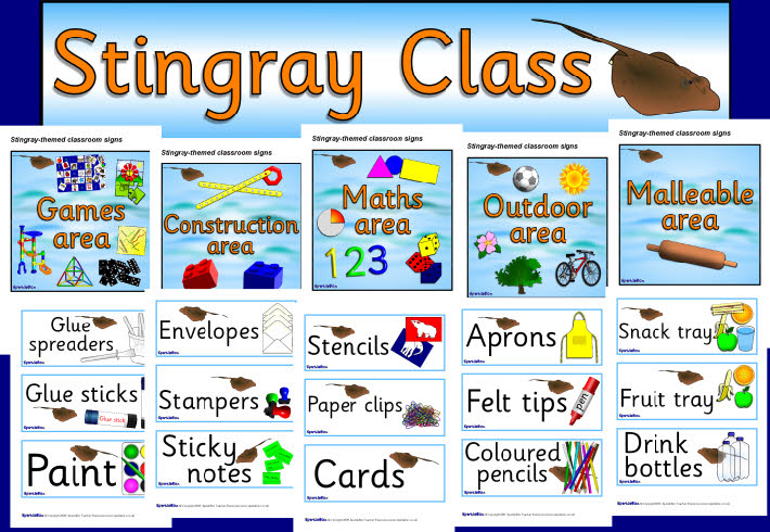 Stingray-themed classroom signs and labels pack (SB2379) - SparkleBox