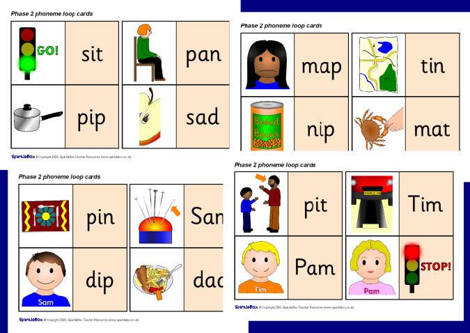Phase 2 words using sets 1&2 GPCs loop cards (SB2389) - SparkleBox