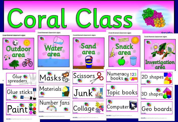 Coral-themed classroom signs and labels pack (SB2574) - SparkleBox