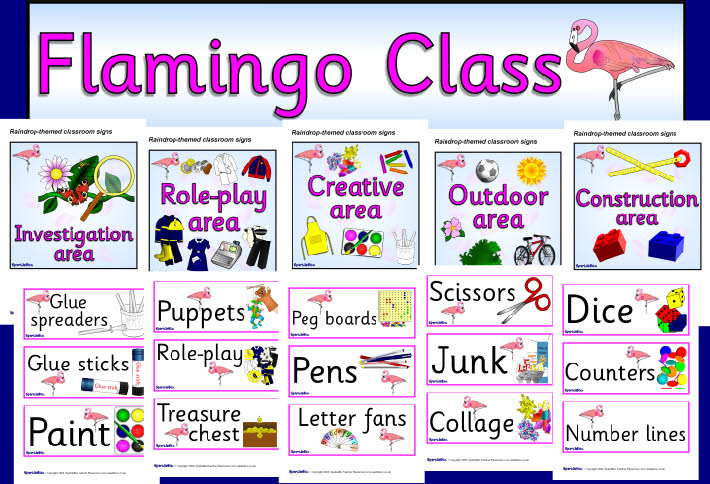 Flamingo-themed classroom signs and labels pack (SB2593) - SparkleBox