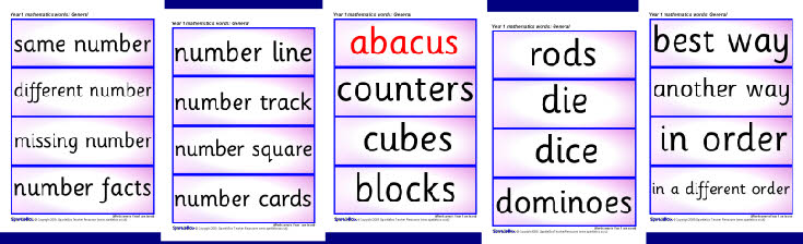 Year 1 maths vocabulary cards: General (SB2628) - SparkleBox