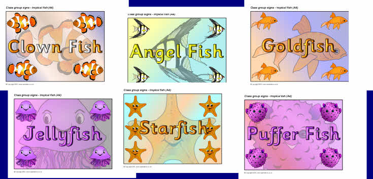 Tropical fish-themed group signs - A4 (SB3024) - SparkleBox
