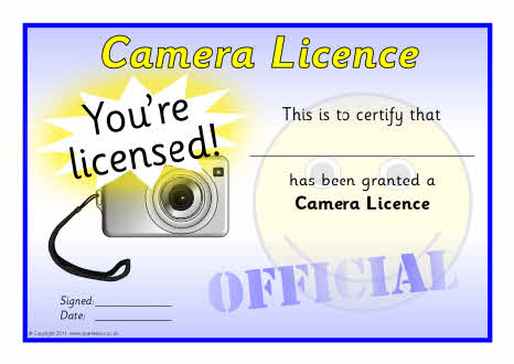 Camera Licence certificate (SB4928) - SparkleBox